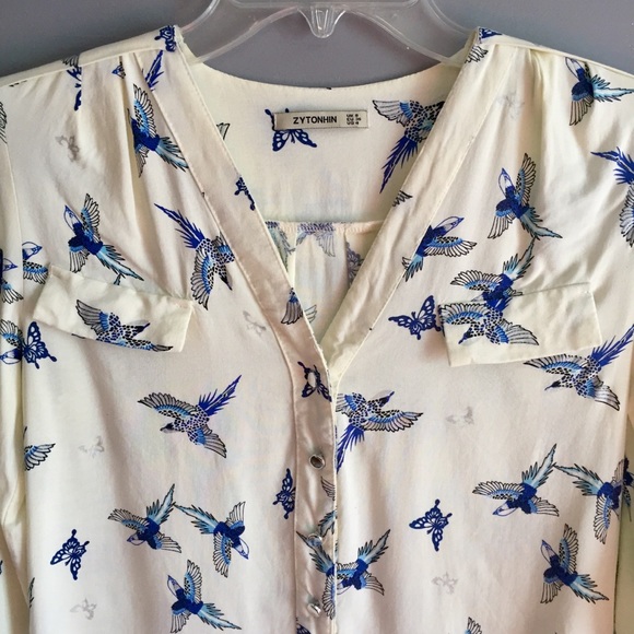 Tops | Ivory Button Down Blouse With Blue Bird Print | Poshmark